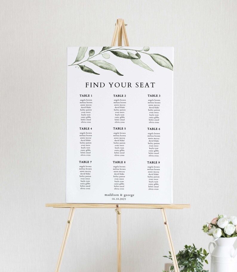 Editable Seating Chart Template Modern Greenery Eucalyptus - Etsy