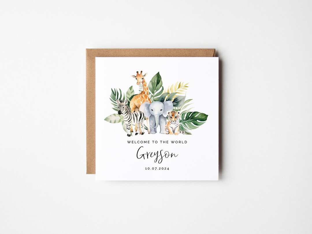 New Baby Card, Custom Safari Animal Greeting Card, Welcome to the World ...