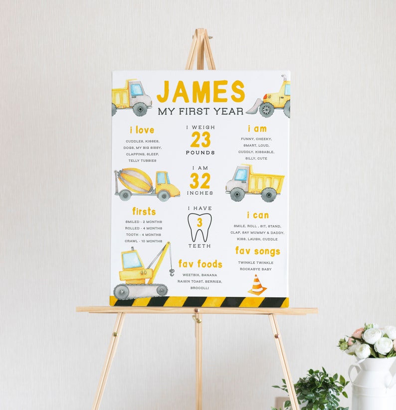 Printable Construction Milestone Poster, 1st Birthday Chalkboard Sign ...