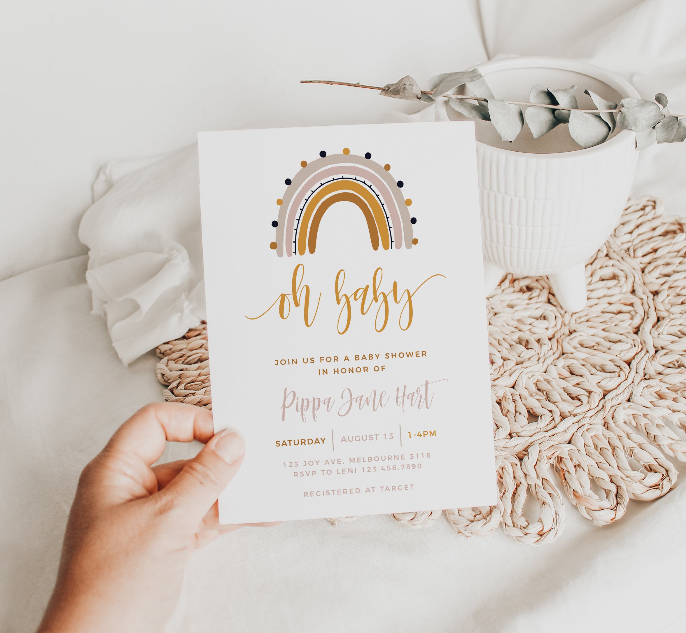 Editable Boho Rainbow Baby Shower Invitation Boho Rainbow Baby Shower ...