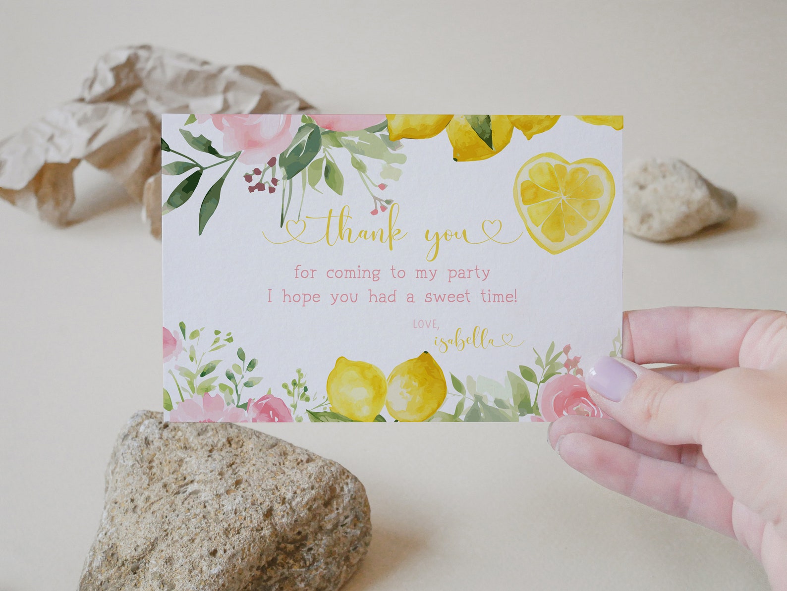 Lemon Thank You Card, Pink Floral 4x6 Editable Printable DIY Instant ...