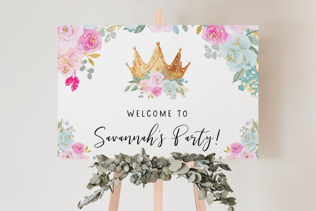 Princess Welcome Sign, Editable Princess Birthday Party Pink Floral ...