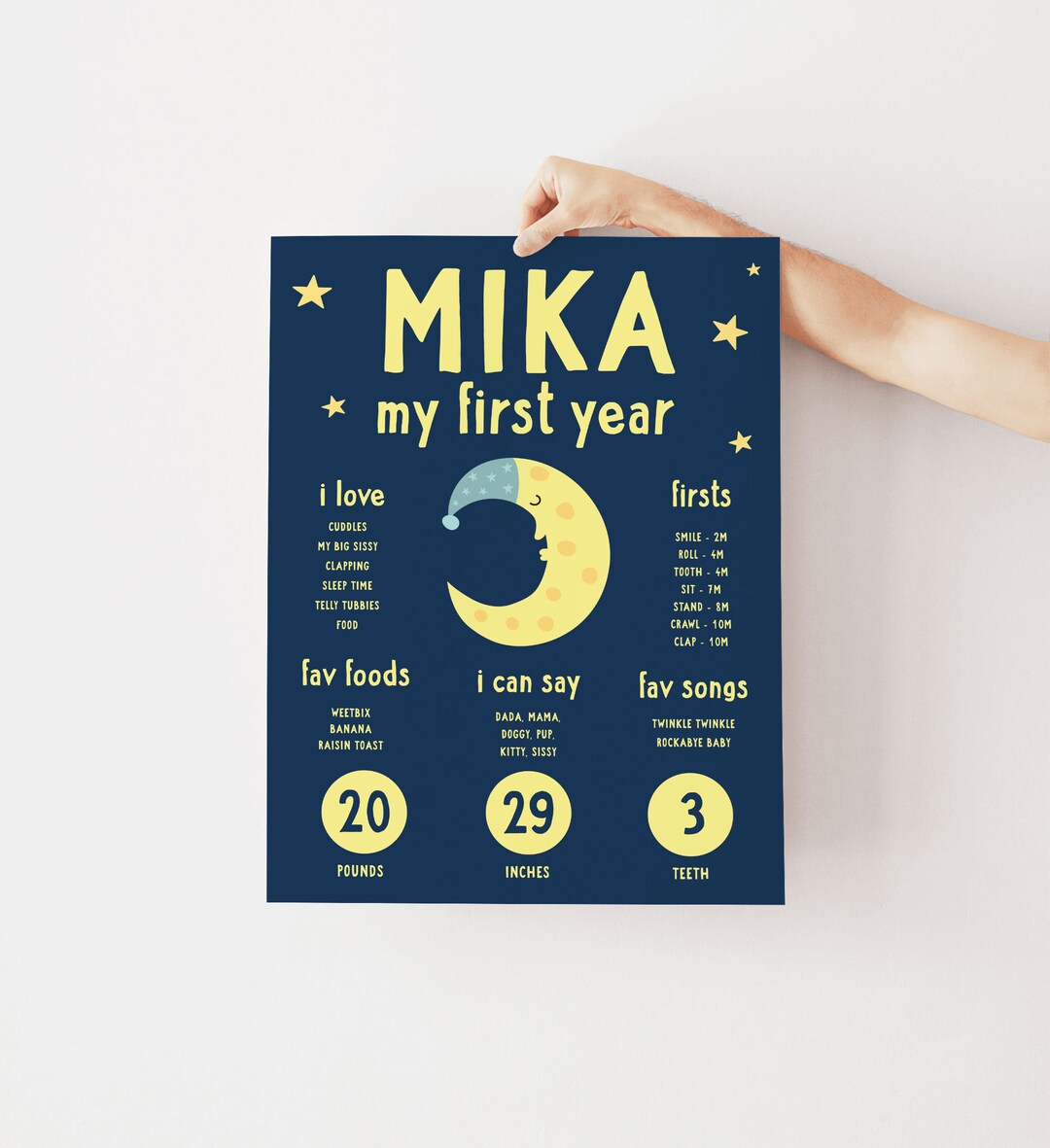 1st Year Milestone Poster, Moon & Stars Editable Template Baby's First ...