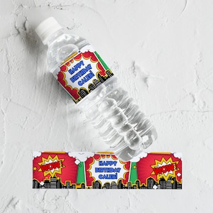 Water Bottle Label, Superhero Comic Book Kids Boys Party Decor Editable ...