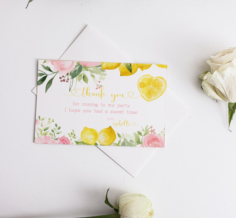 Lemon Thank You Card, Pink Floral 4x6 Editable Printable DIY Instant ...
