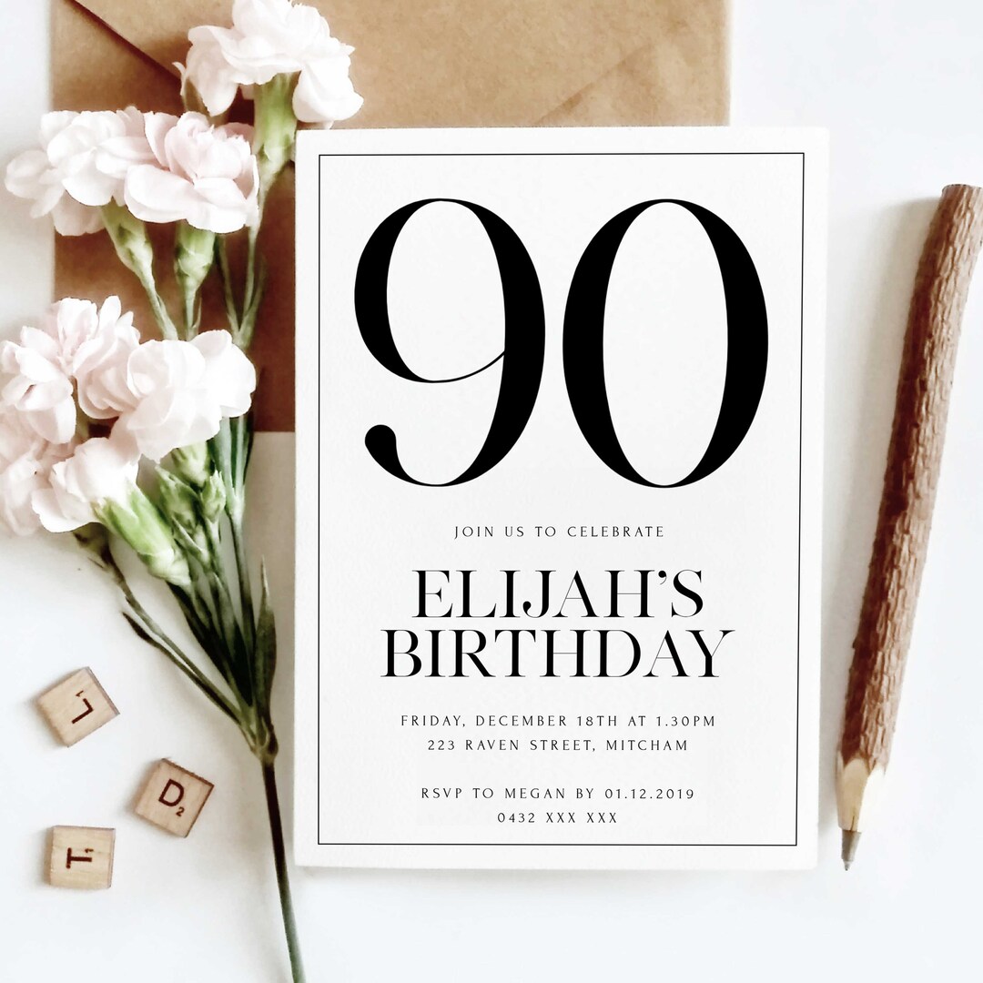 Editable Simple 90th Birthday Party Invitation Download Printable ...