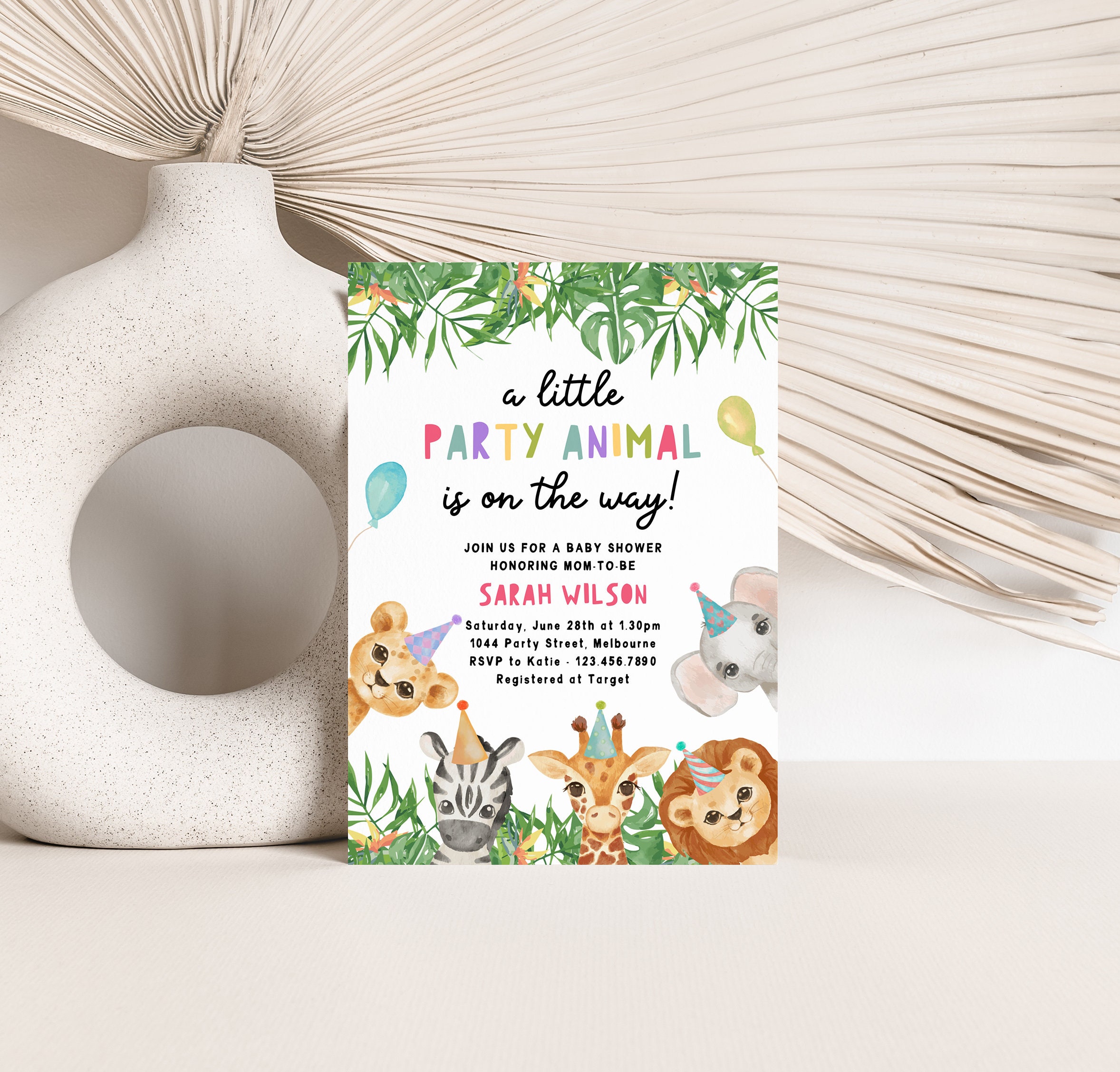 Editable Party Animals Baby Shower Invitation Template, Safari Jungle ...