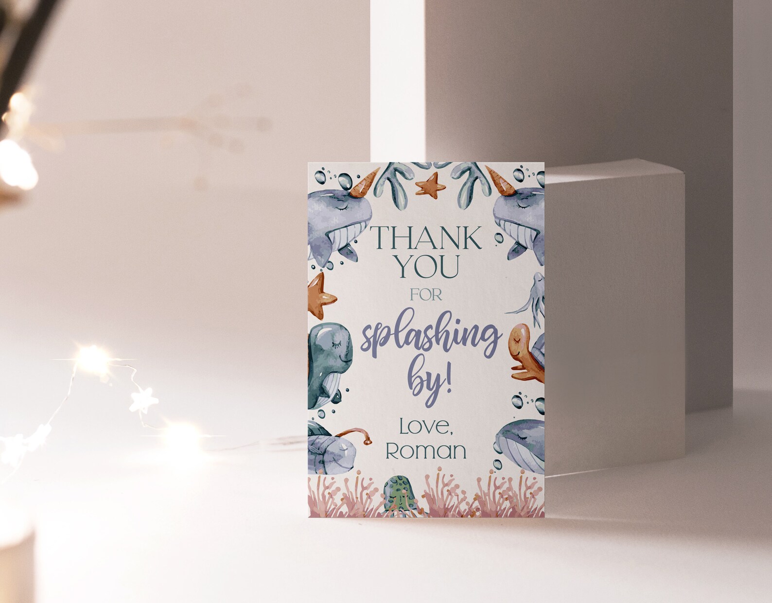 Editable Thank You Card, Under the Sea Whale Fish Turtle Nautical ...