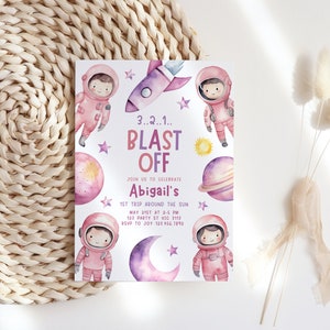 Astronaut Birthday Invitation, Blast off Pink Outer Space Girl Editable ...