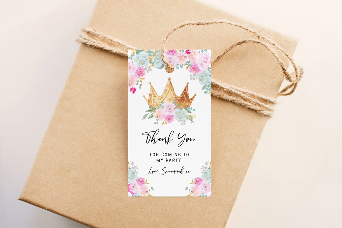 Princess Birthday Tag Template, Princess Party Thank You Tag, Floral ...