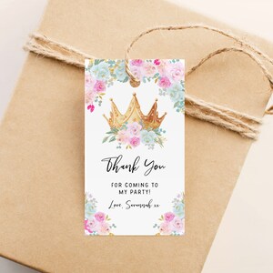 Princess Birthday Tag Template, Princess Party Thank You Tag, Floral ...
