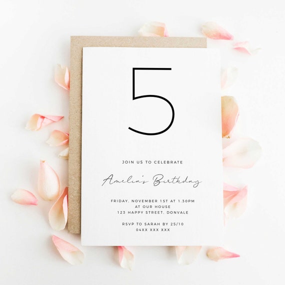 Editable Simple 5th Birthday Party Invitation Download | Etsy