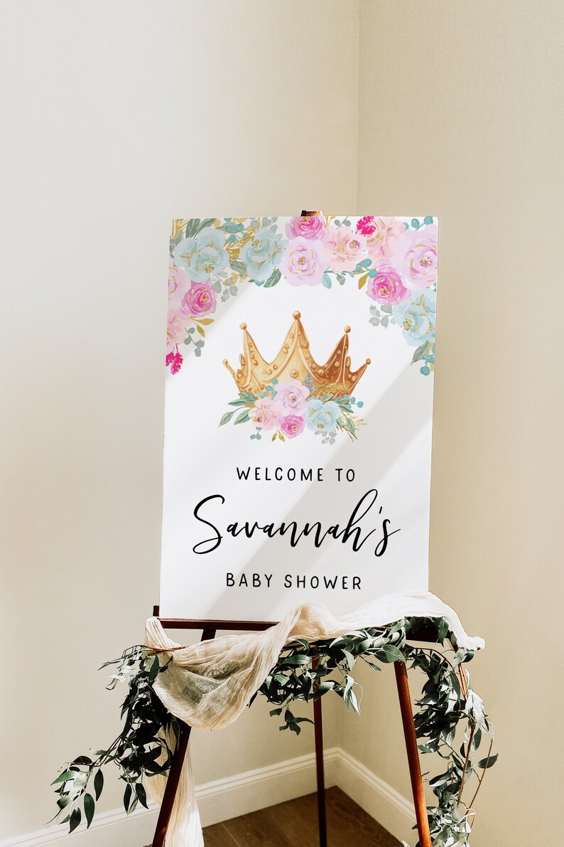Editable Princess Baby Shower Welcome Sign Pink Floral Gold - Etsy