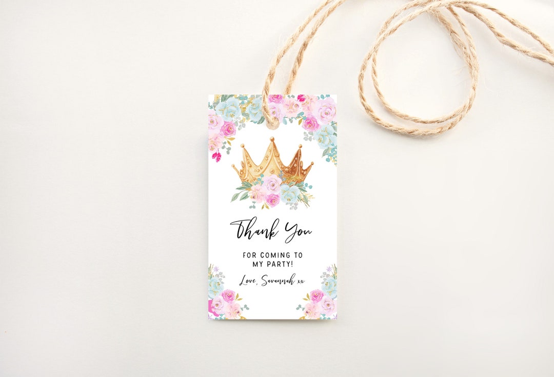 Princess Birthday Tag Template, Princess Party Thank You Tag, Floral ...