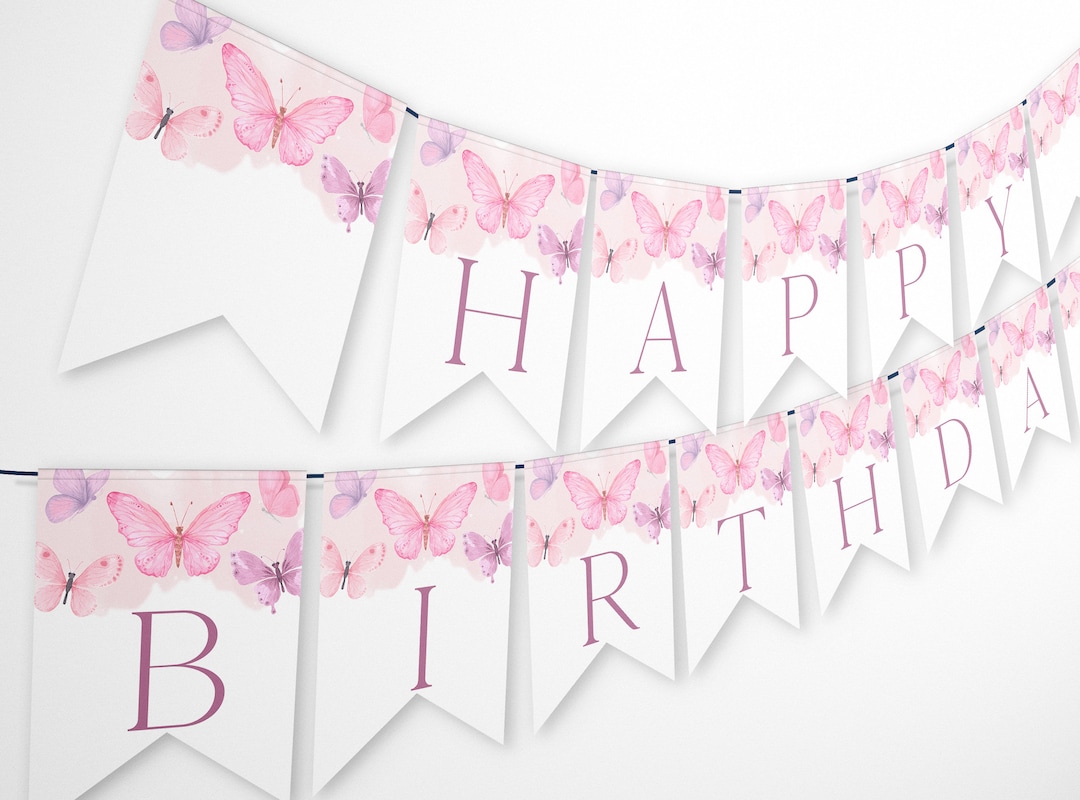 Butterfly Happy Birthday Banner, Whimsical Pink Editable DIY Template ...