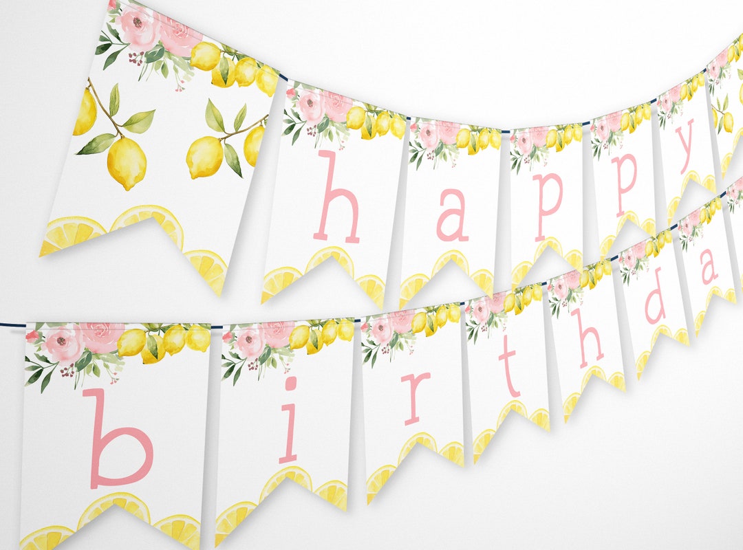 Lemon Happy Birthday Banner, Pink Floral Editable Template Printable ...