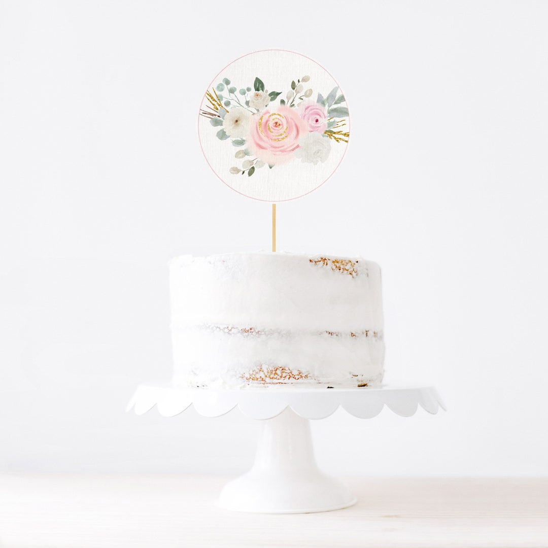 Editable Cake Topper Template, Blush Pink Gold Floral Printable Baby ...
