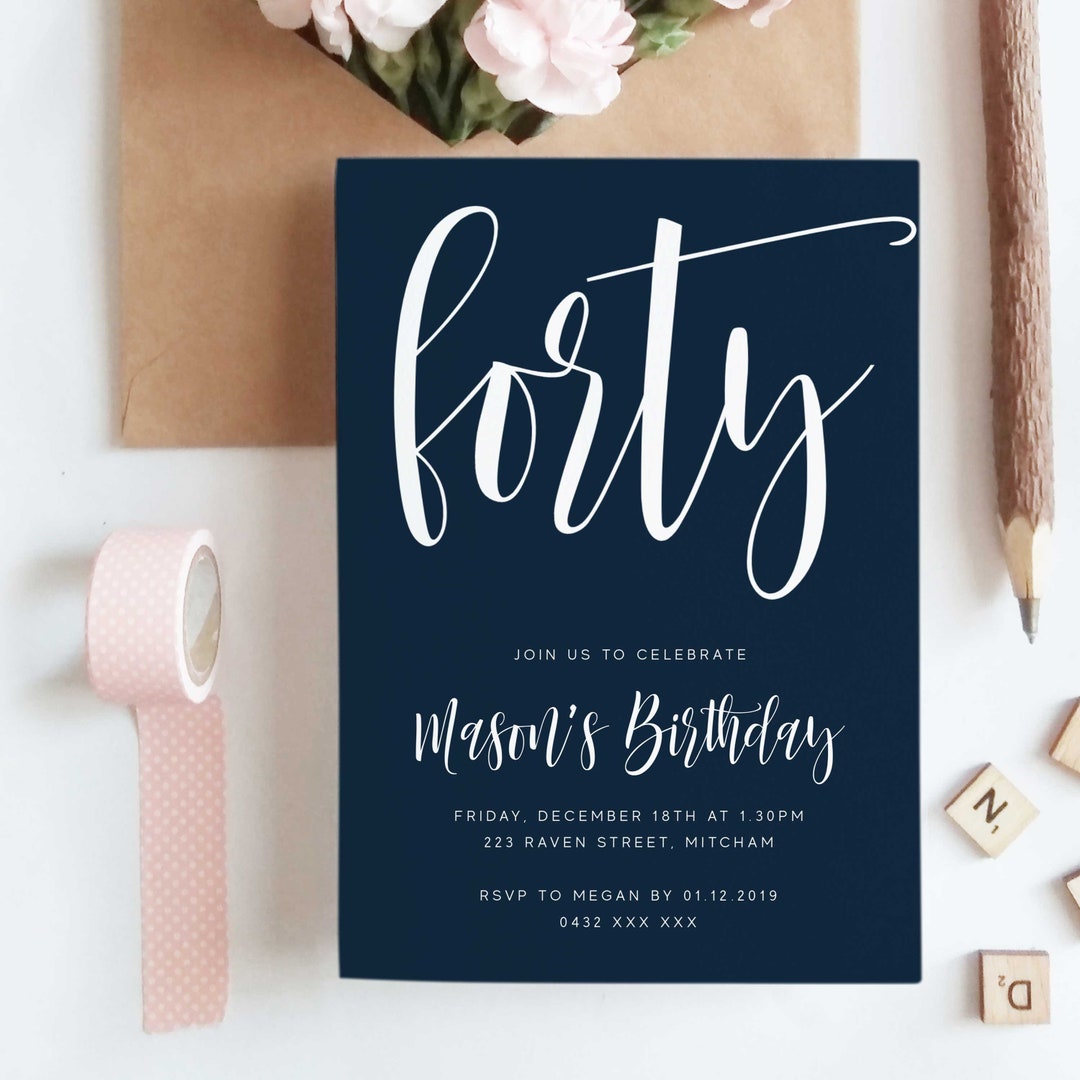 Navy Birthday Invitation, Blue Script Editable Template Modern ...