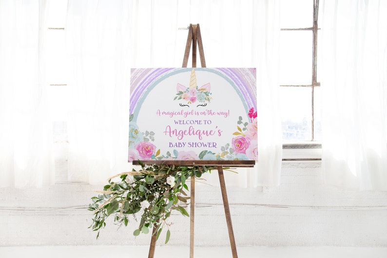 Baby Shower Welcome Sign, Rainbow Unicorn Floral Pink & Purple Editable ...