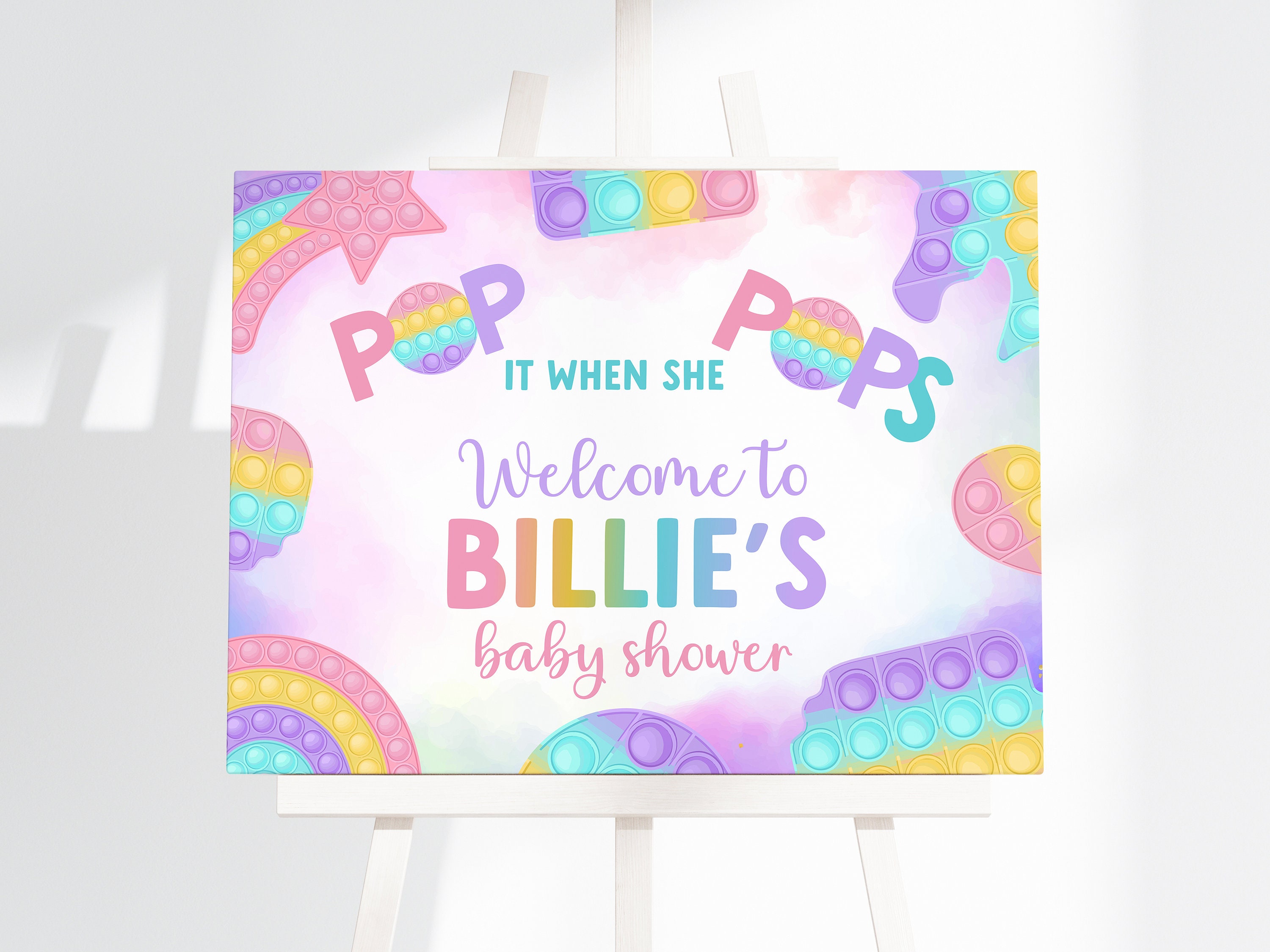 Pop It Welcome Sign, Fidget Toy Pastel Baby Shower Poster Editable ...