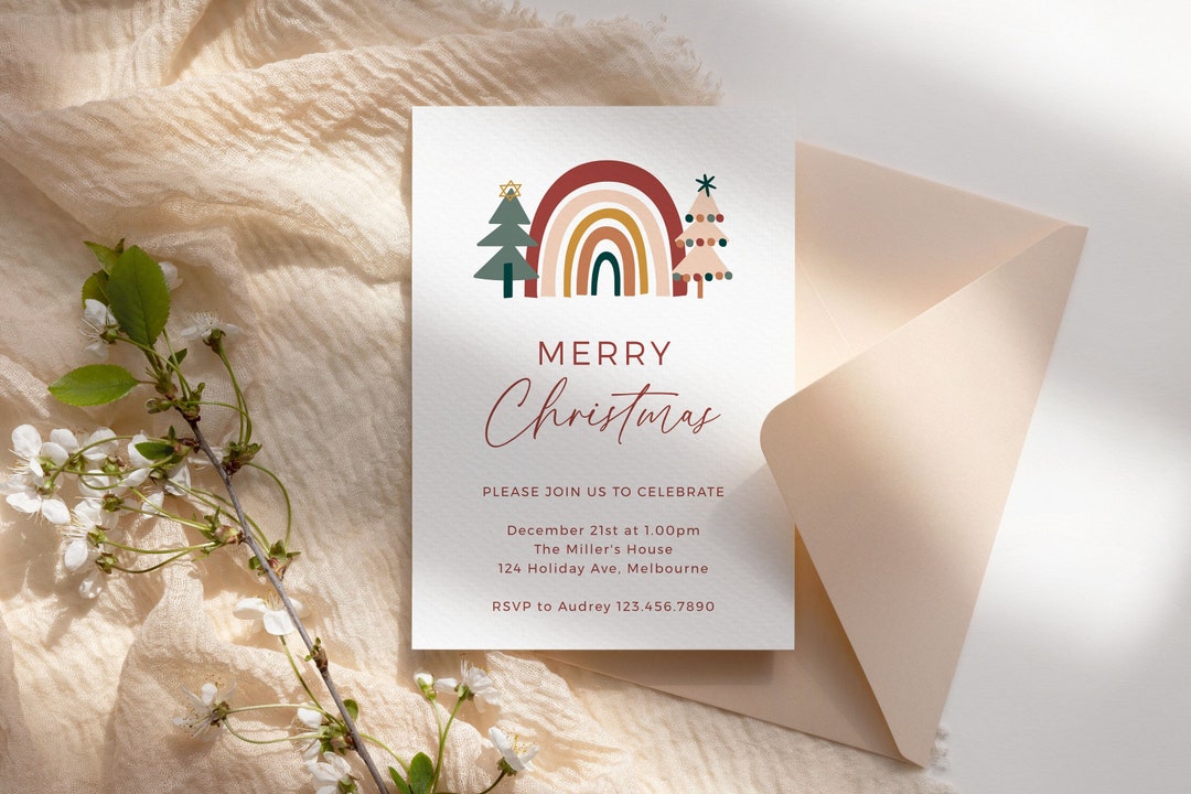 Editable Christmas Party Invitation, Christmas Tree Rainbow Instant ...