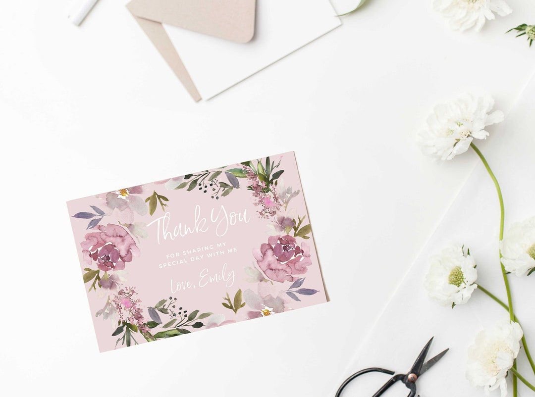 Floral Thank You Card 4x6, Blush Pink Editable Botanical Flower Note ...