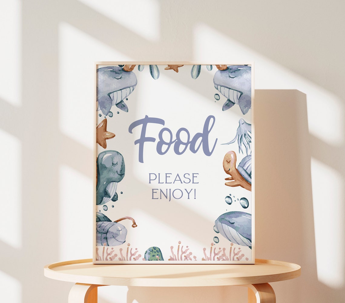 Food Table Sign, Under the Sea Ocean Animal Whale Fish Turtle Nautical ...