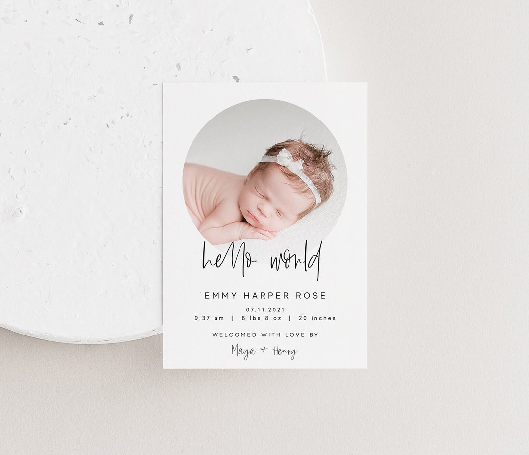Birth Announcement Card Photo Baby Announcement Card Hello World Modern ...
