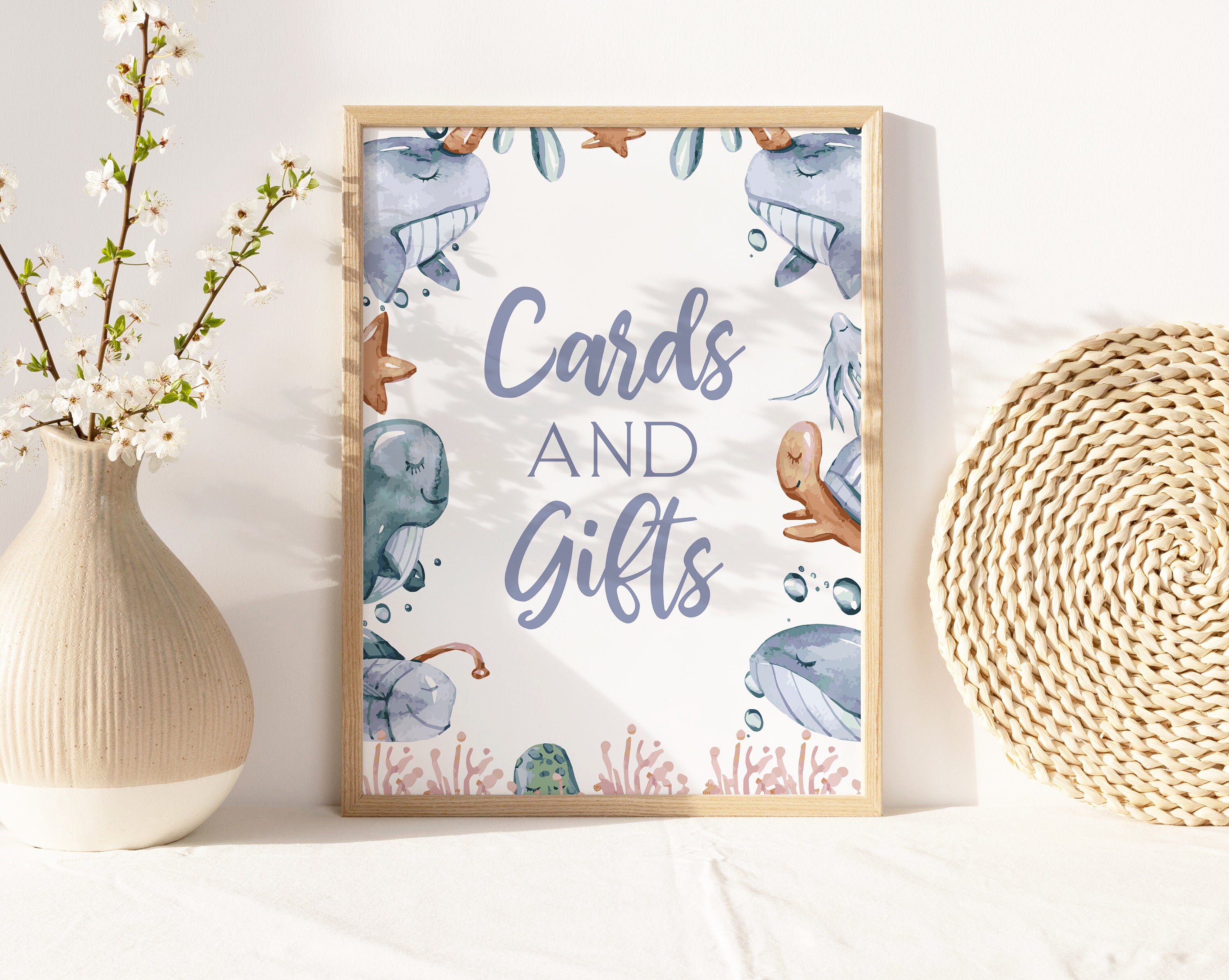 Cards & Gifts Table Sign, Ocean Animals Whale Turtle Kids Under the Sea ...