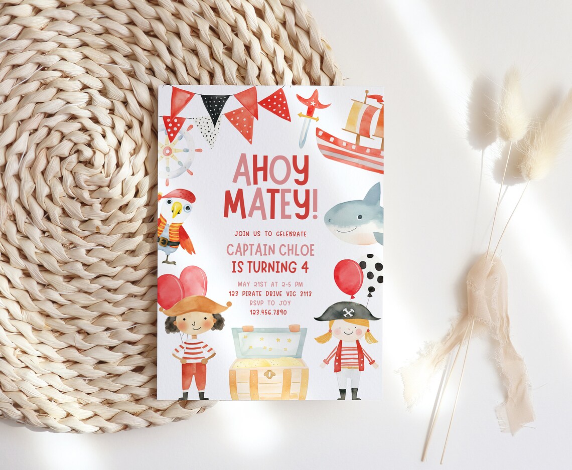 Pirate Birthday Invitation, Ahoy Matey Kids Girls 1st 2nd 3rd 4th 5th ...