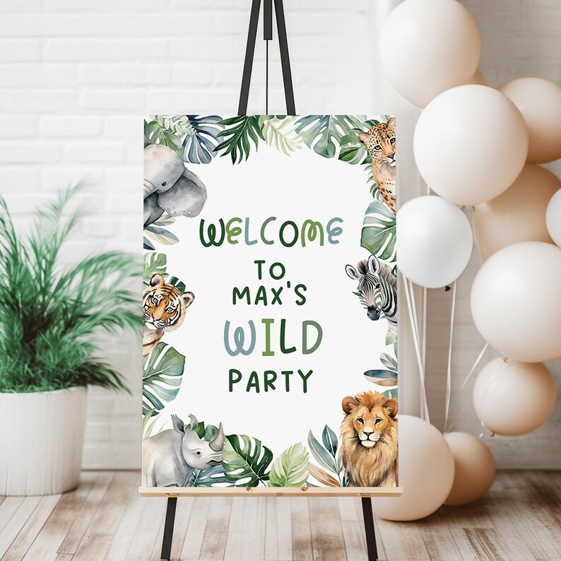 Safari Welcome Sign for Boys, Kids Wild Animals Party Editable Template ...