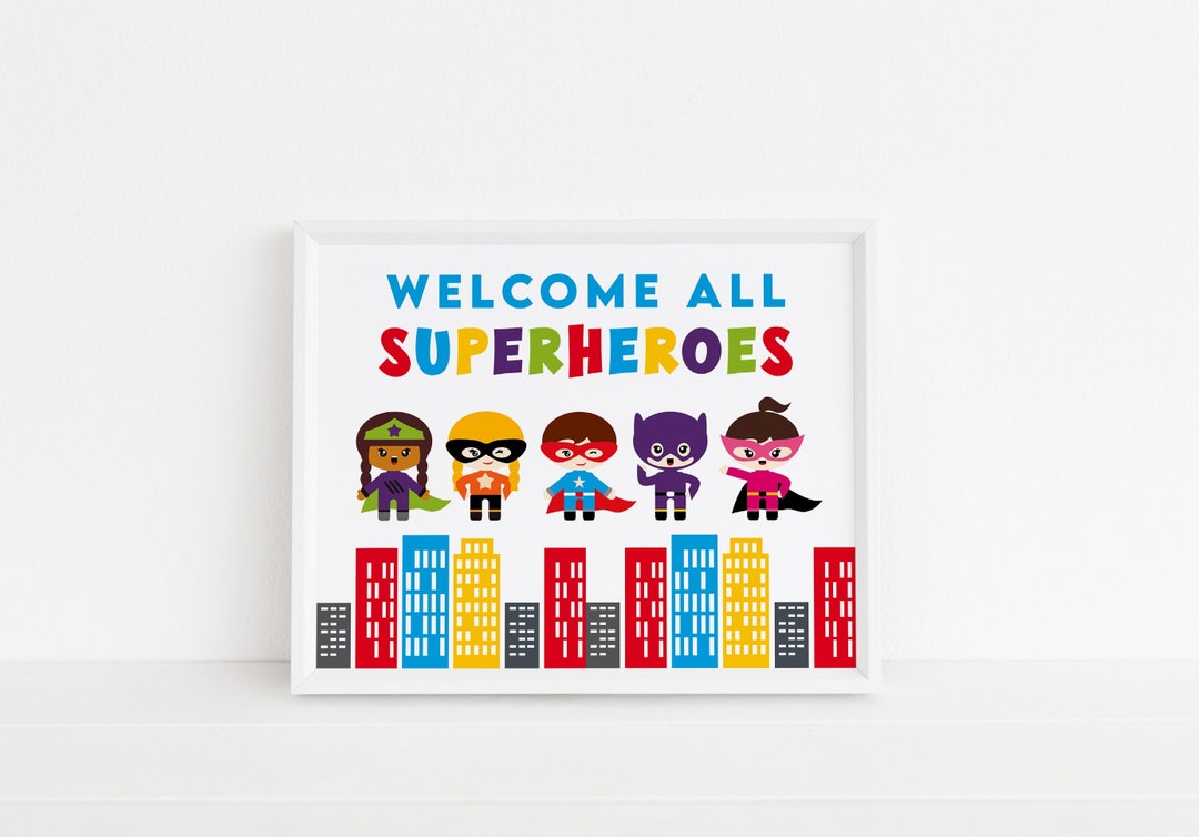 Party Table Sign, Kids Superhero Comic Welcome All Superheroes Decor ...