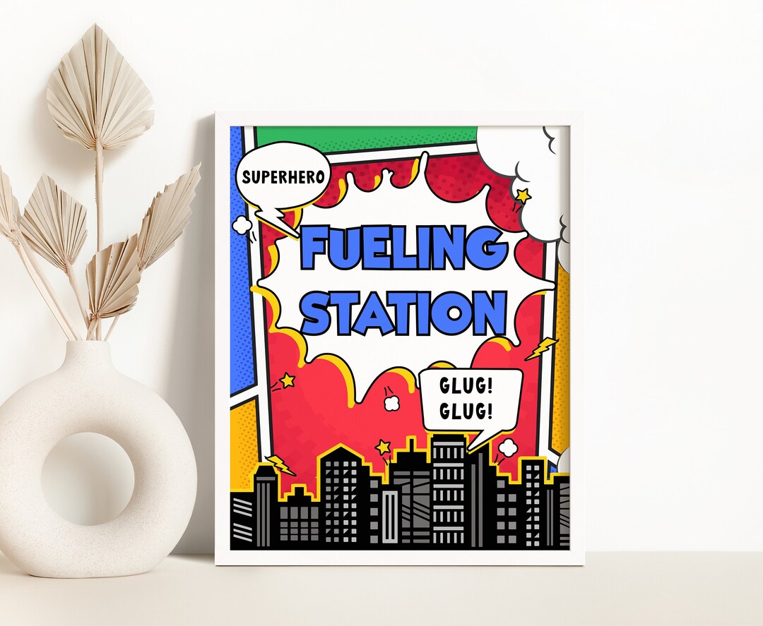 Superhero Sign, Fueling Station Kids Party Table Decor, Boys Comic Book ...