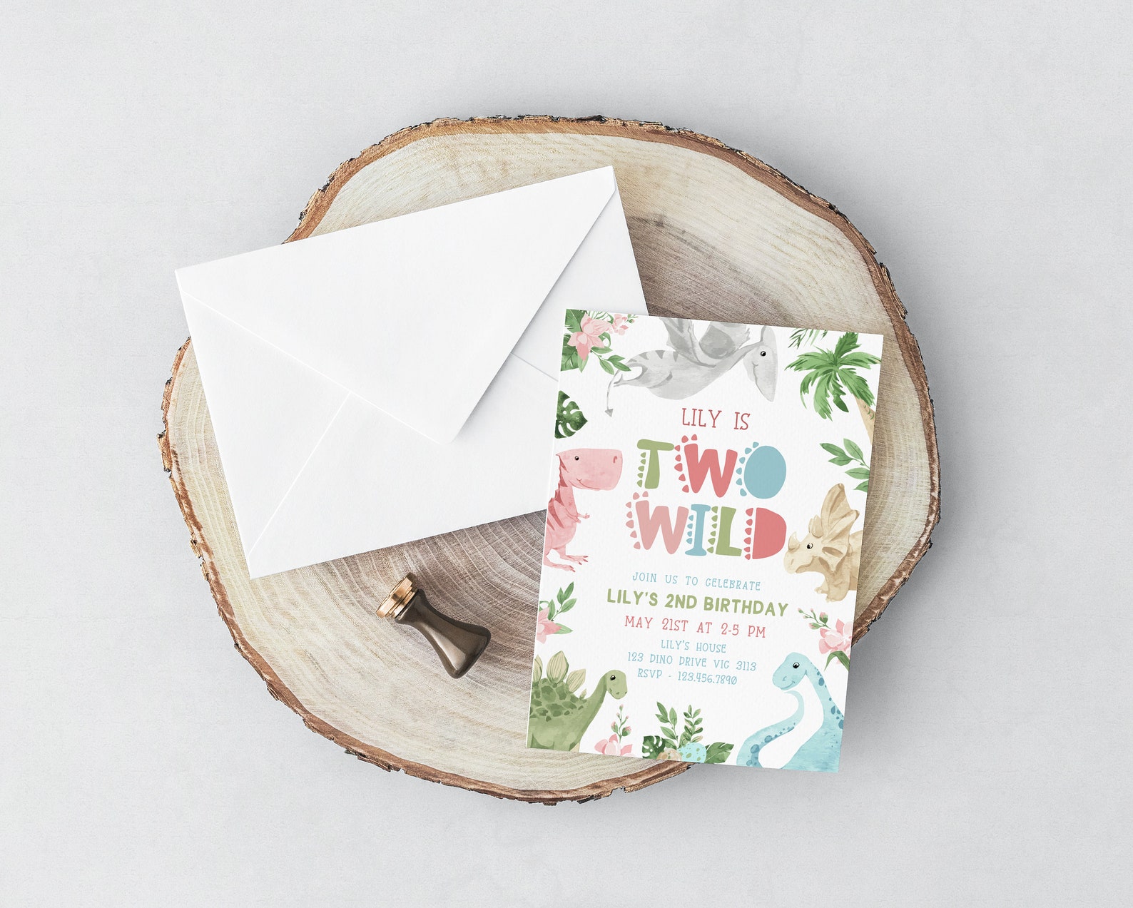 Two Wild Dinosaur 2nd Birthday Invitation, Pink Floral Jurassic Jungle ...