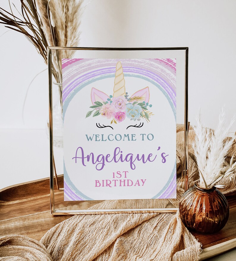 Rainbow Unicorn 1st Birthday Sign, Editable Printable Template Welcome ...