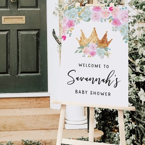 Editable Princess Baby Shower Welcome Sign, Pink Floral Gold Crown ...