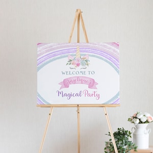 Rainbow Unicorn Birthday Welcome Sign, Floral Pink & Purple Editable ...