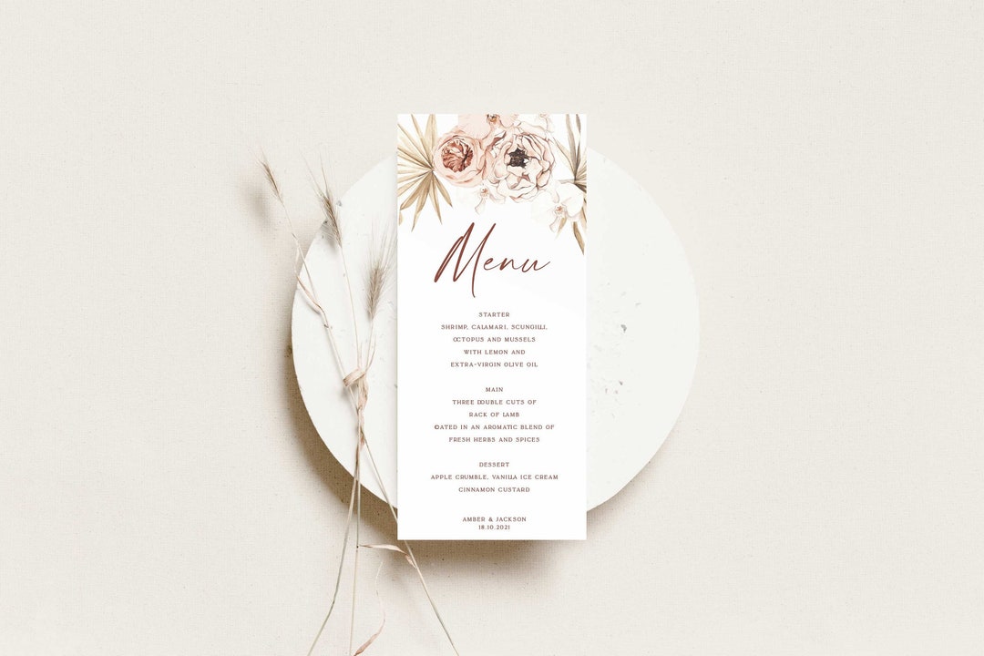 Boho Floral Menu Editable Template, Instant Download Printable Modern ...