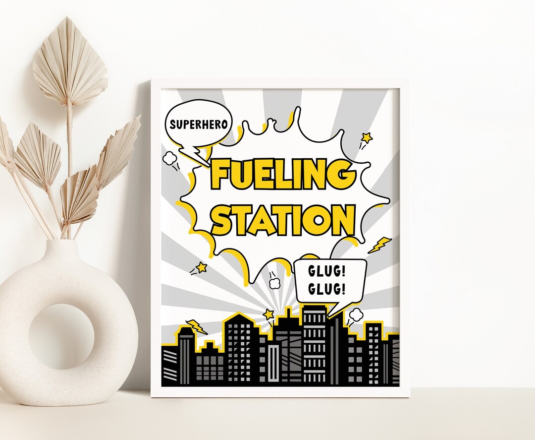 Superhero Fueling Station Sign, Boys Birthday Party Table Decor, Comic ...