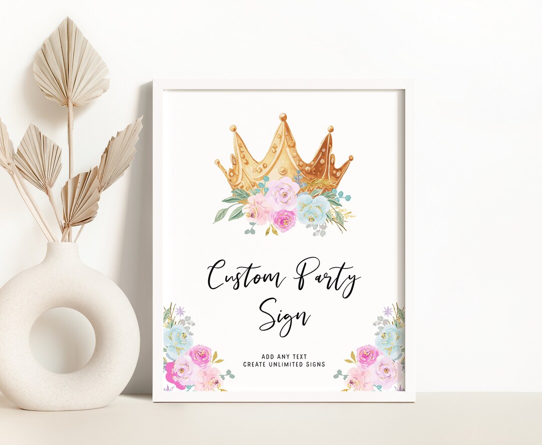 Editable Princess Birthday Party Custom Sign Template, Pink Floral Gold ...