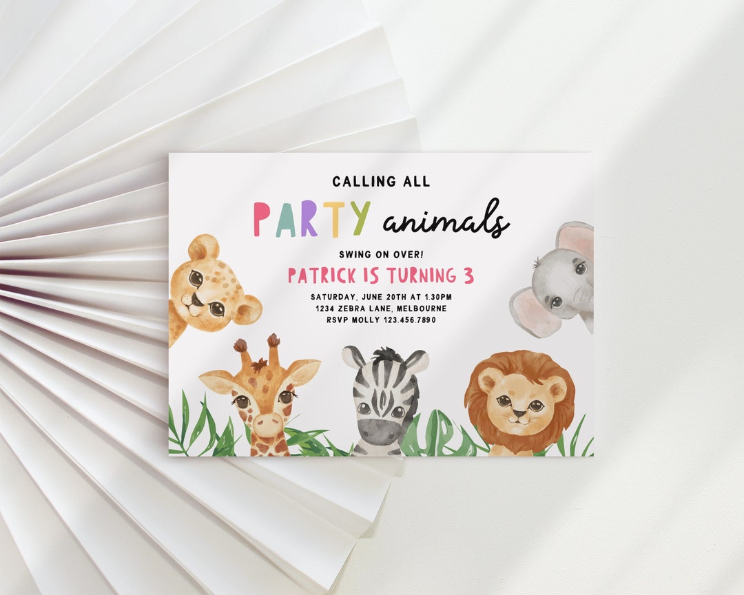 Editable Party Animals Birthday Invitation Wild One Animal Invitation ...