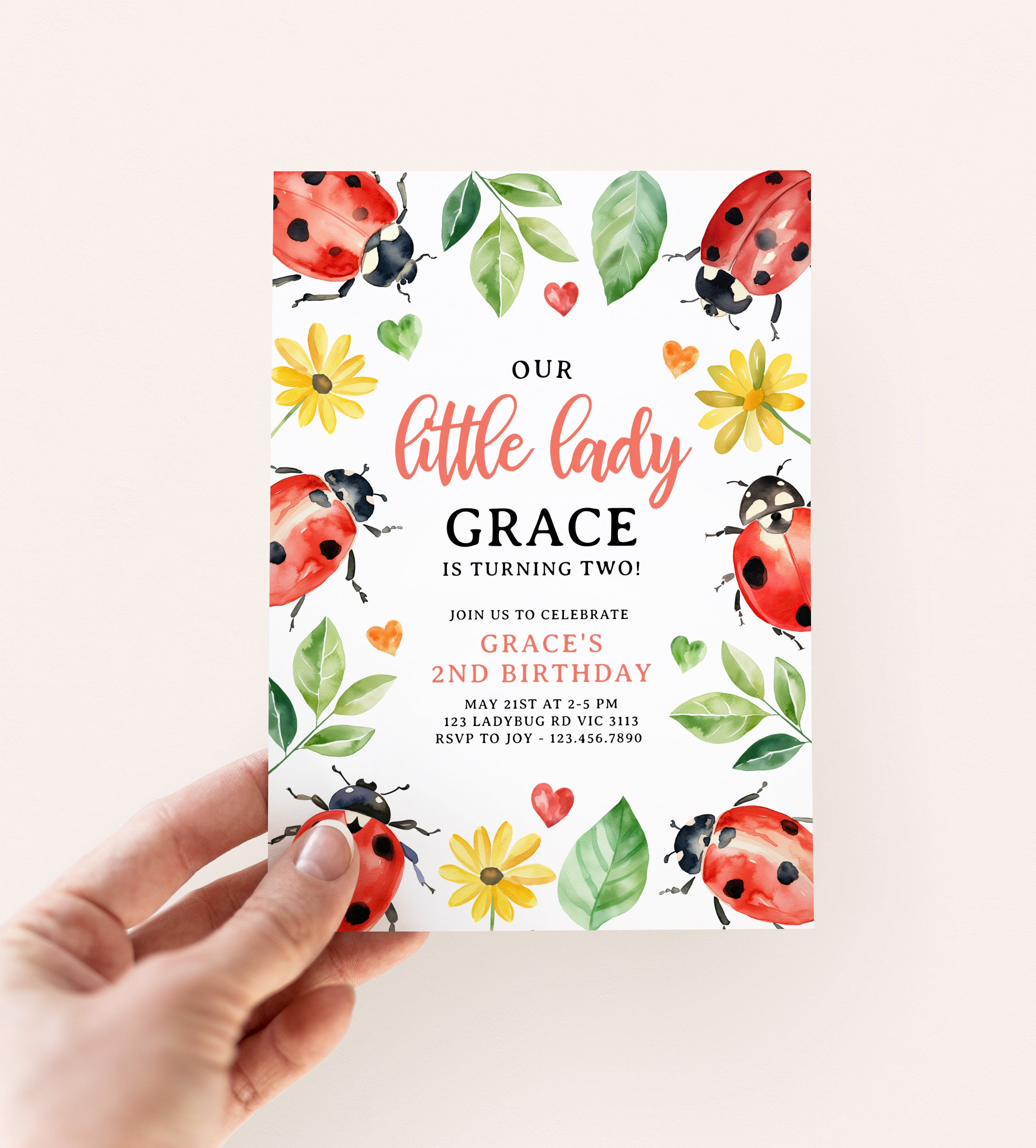Ladybug Birthday Invitation for Girls, Editable Ladybird Greenery ...