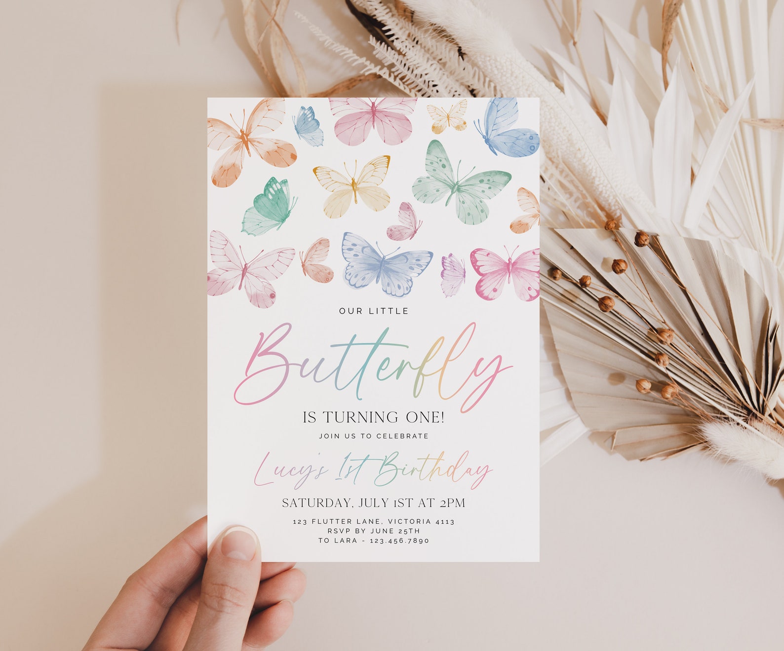 Butterfly Birthday Invitation, Pastel Rainbow Butterfly Party Invite ...
