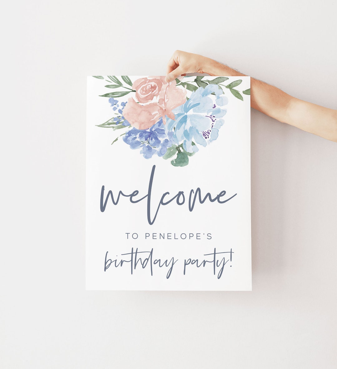 Watercolor Welcome Sign, Modern Peach and Blue Floral Script Editable ...