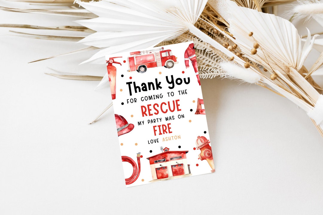 Fireman Thank You Card, Fire Truck Editable Template Printable Instant ...