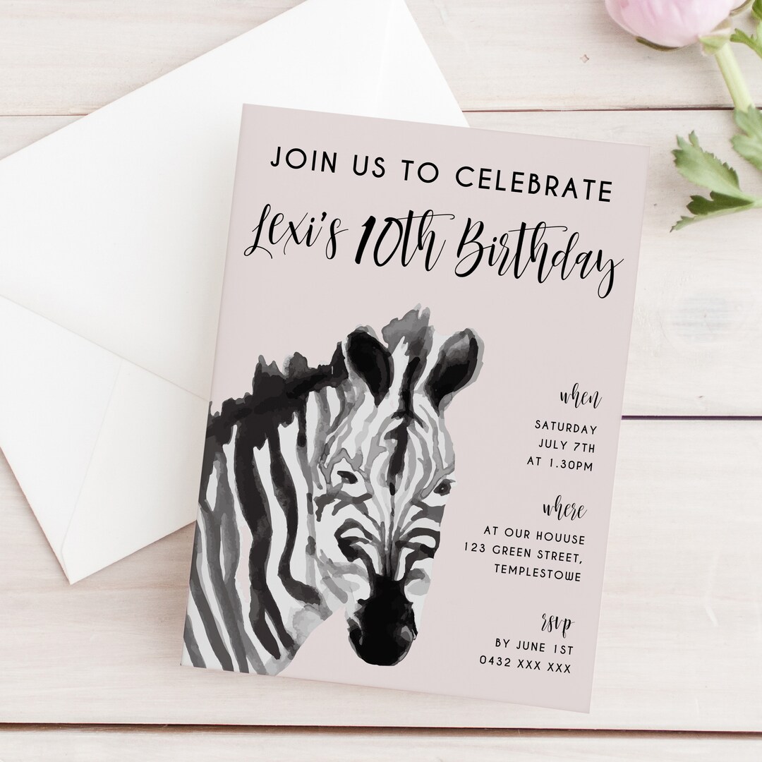 Zebra Birthday Invitation, Safari Editable Template Printable Instant ...