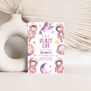 Astronaut Birthday Invitation, Blast off Pink Outer Space Girl Editable ...