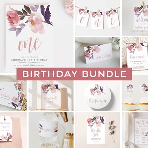 Editable Blush Pink Floral Party Package, Printable Decorations, 1st ...