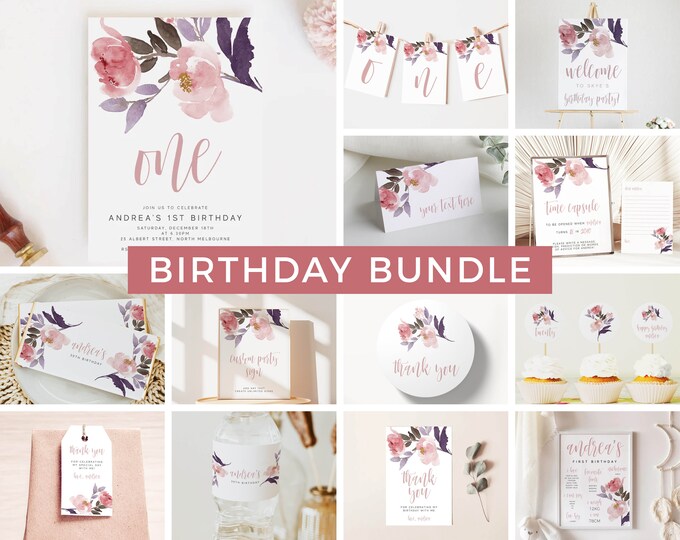 EDITABLE Blush Pink Floral Party Package, Printable Decorations, 1st ...