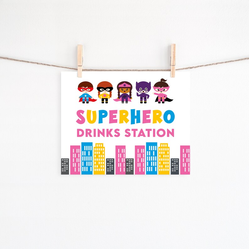 Editable Superhero Birthday Party Sign, Pink Drinks Station Template ...